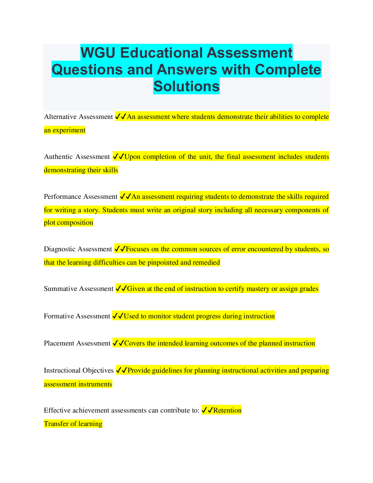 WGU Educational Assessment Questions and Answers with Complete Solutions – Scholarfriends ...